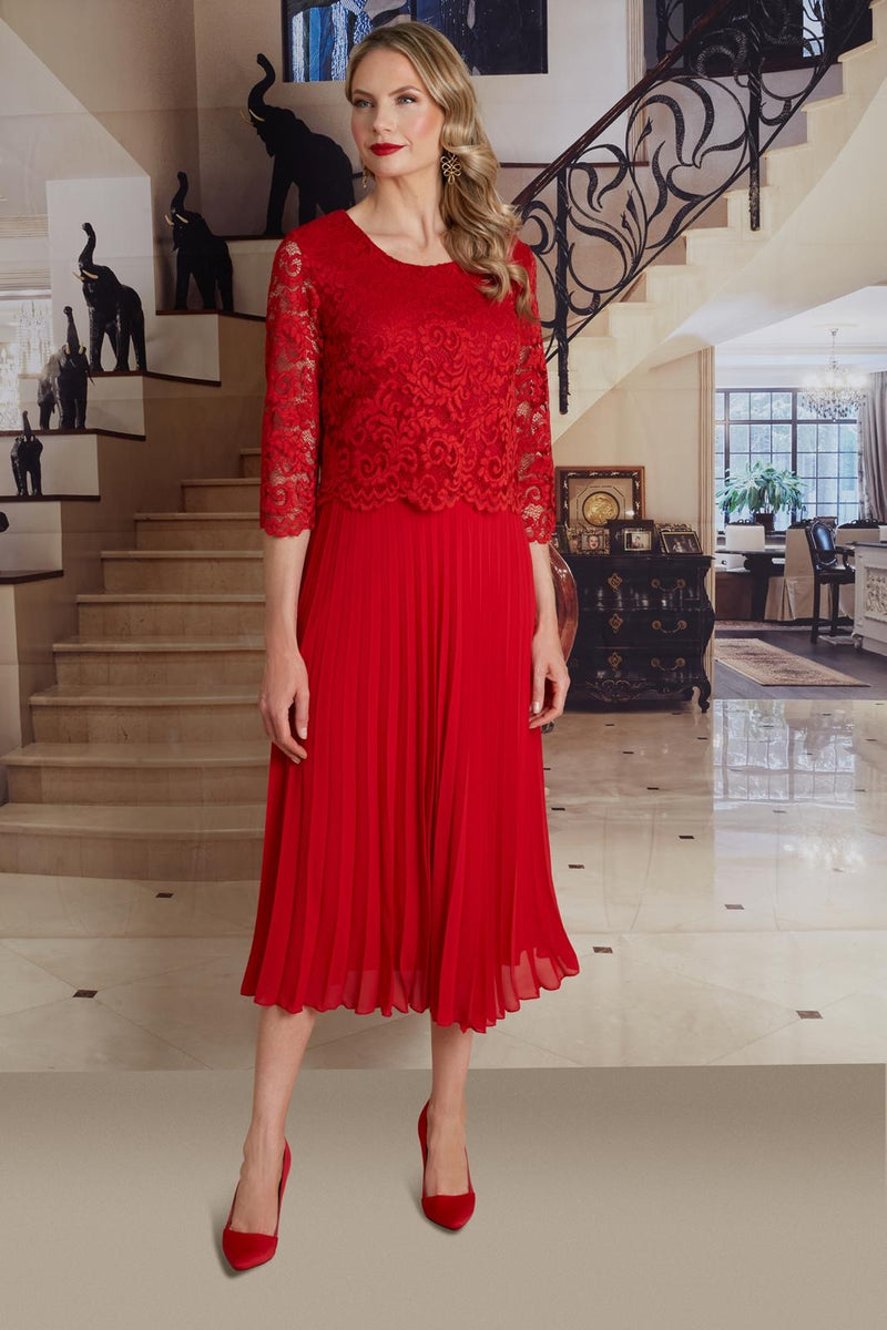 GLITZ PLEATED AND LACE DRESS STYLE 1430 COLOUR RED – She Devil Clothing